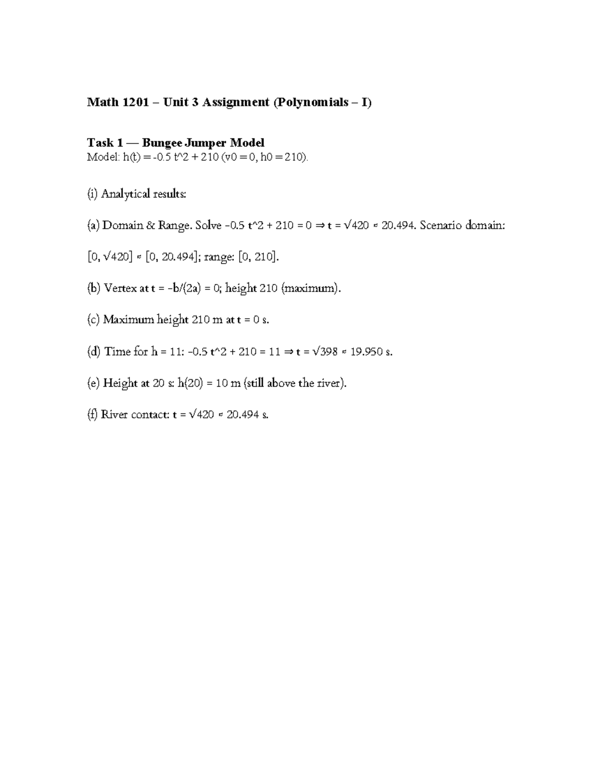 Math 1201 Unit 3 Assignment: Polynomials I & Bungee Jumper Model - Studocu