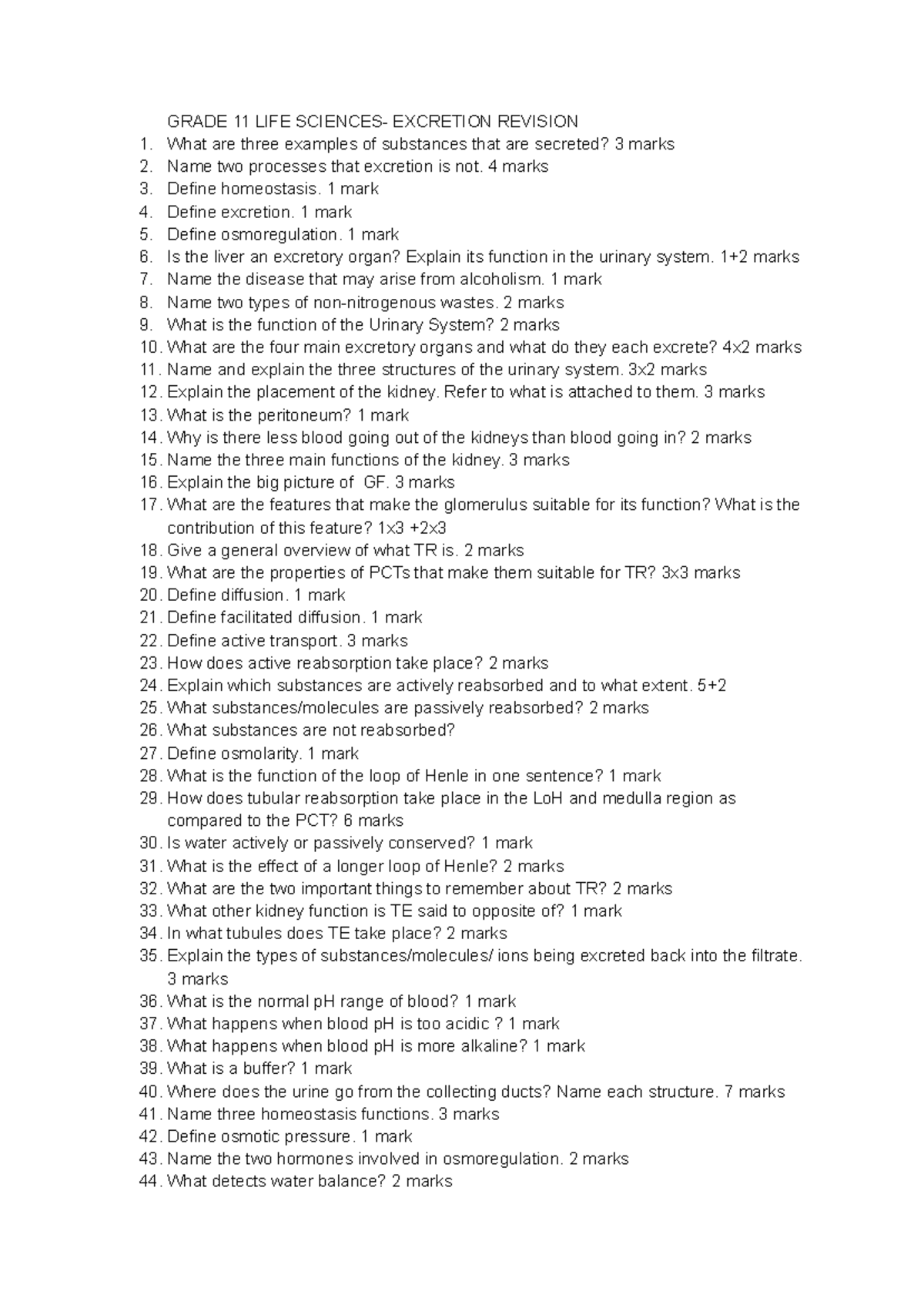 GRADE 11 LIFE EXCRETION TEST QUESTIONS & REVISION - Studocu