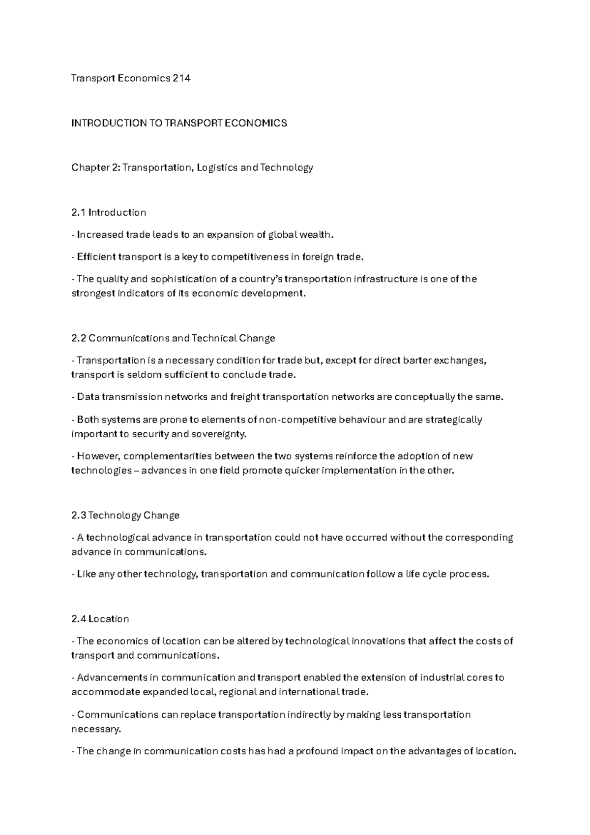 Transport Economics 214: Chapter 2 Summary on Tech & Logistics - Studocu