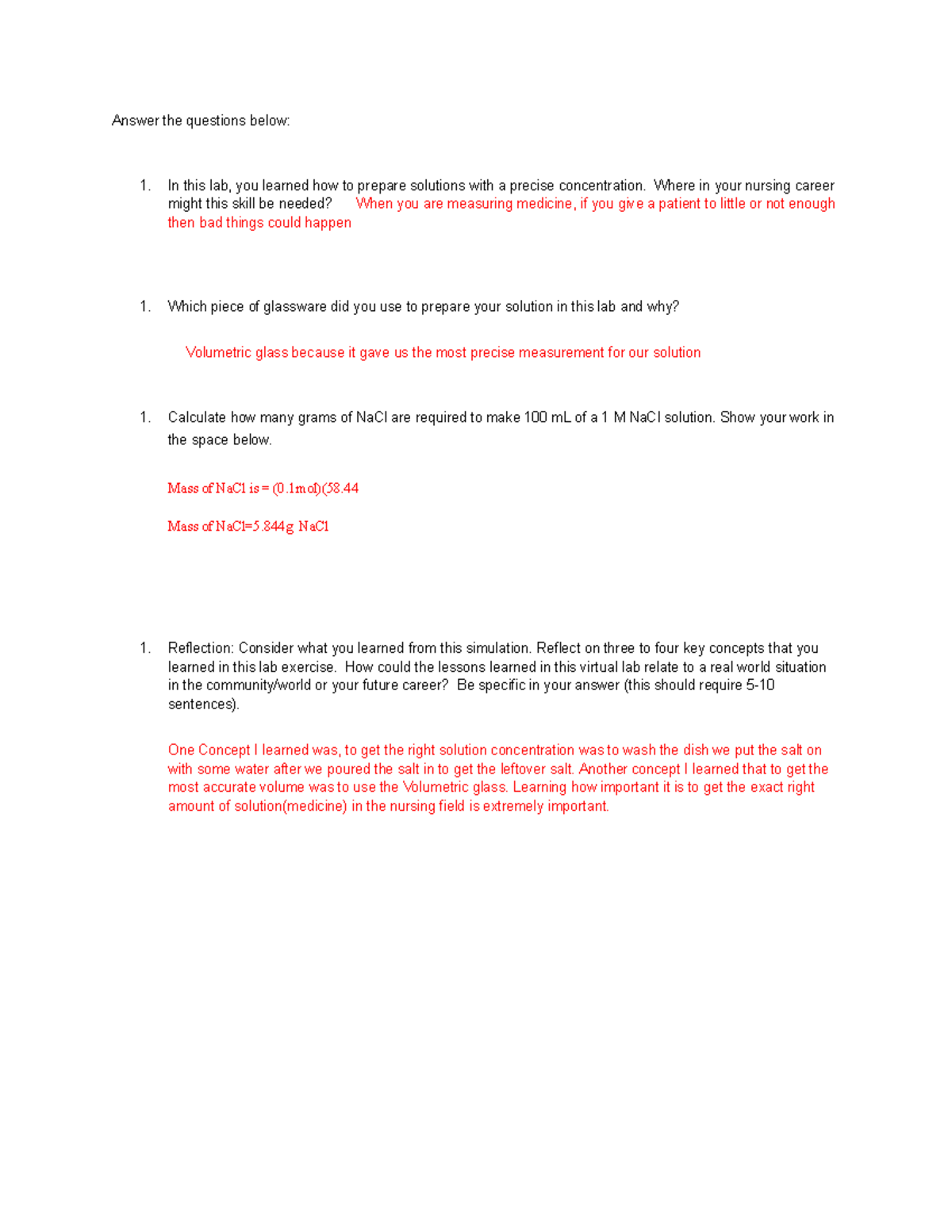 Lab 1 Week 3 Doc - chemistry answers - Answer the questions below: In ...