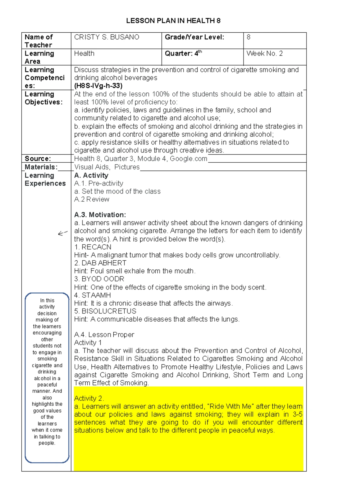 Lesson PLAN IN English 7- 4 Types of Sentences - LESSON PLAN IN ENGLISH ...