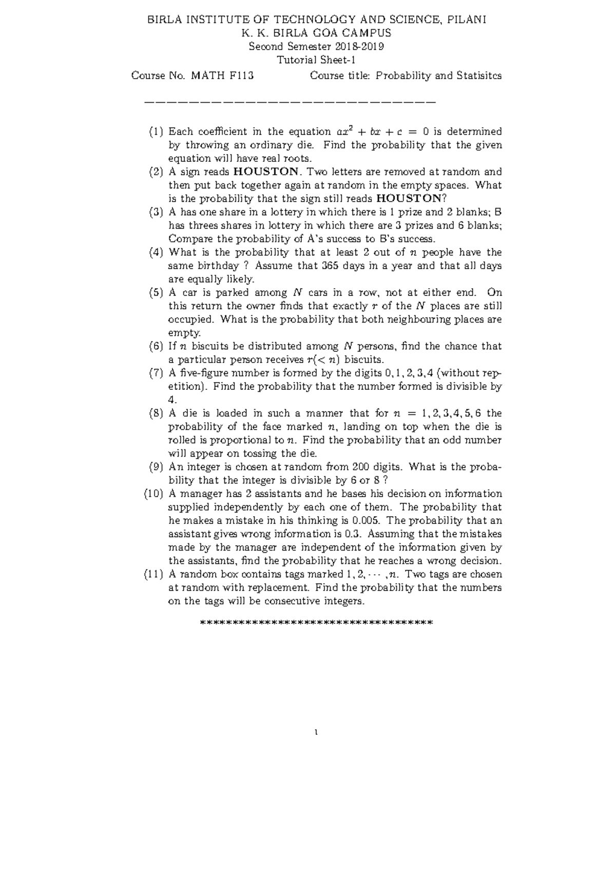 MATH F113: Tutorial 1 - Probability and Statistics Exercises - Studocu