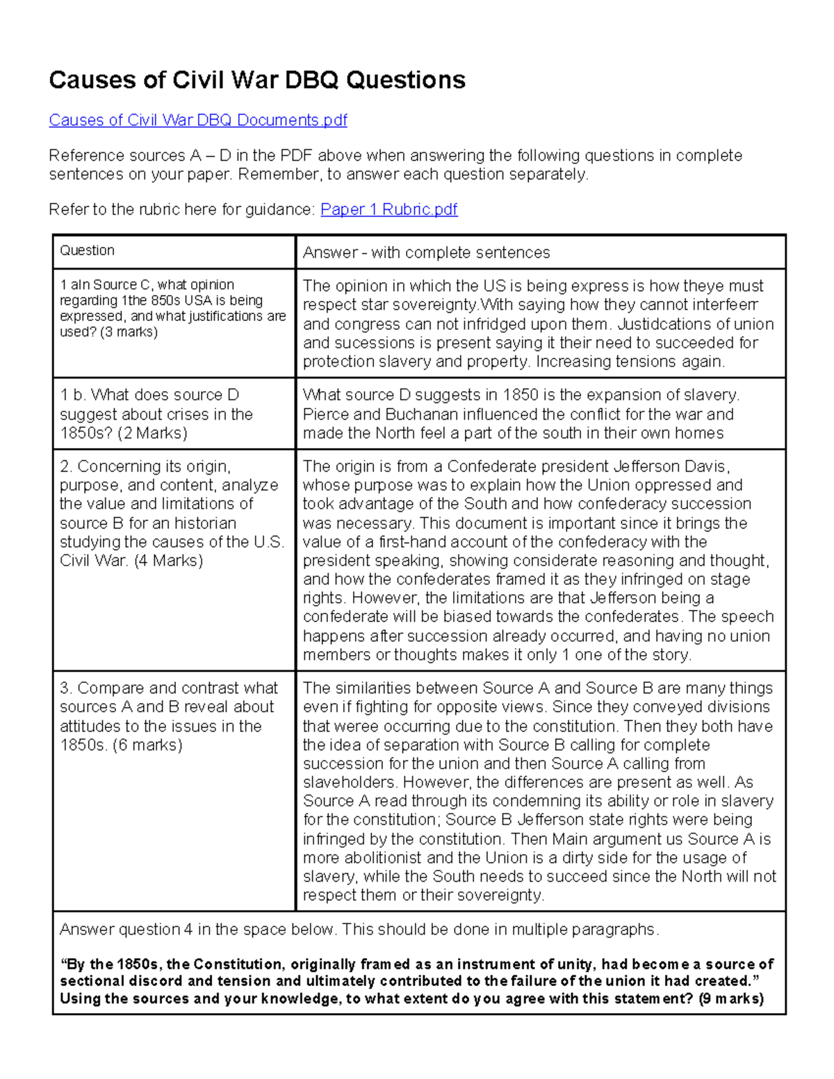 Causes of Civil War DBQ Analysis and Questions (HIST 101) - Studocu