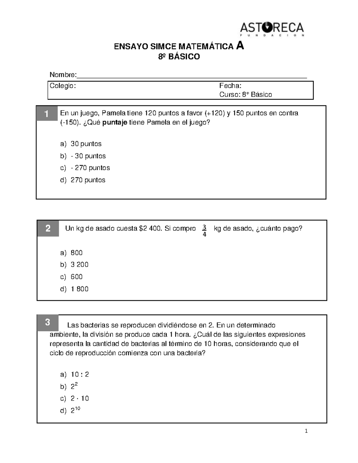 8º Básico: Ensayo SIMCE Matemática A - Ejercicios y Respuestas - Studocu