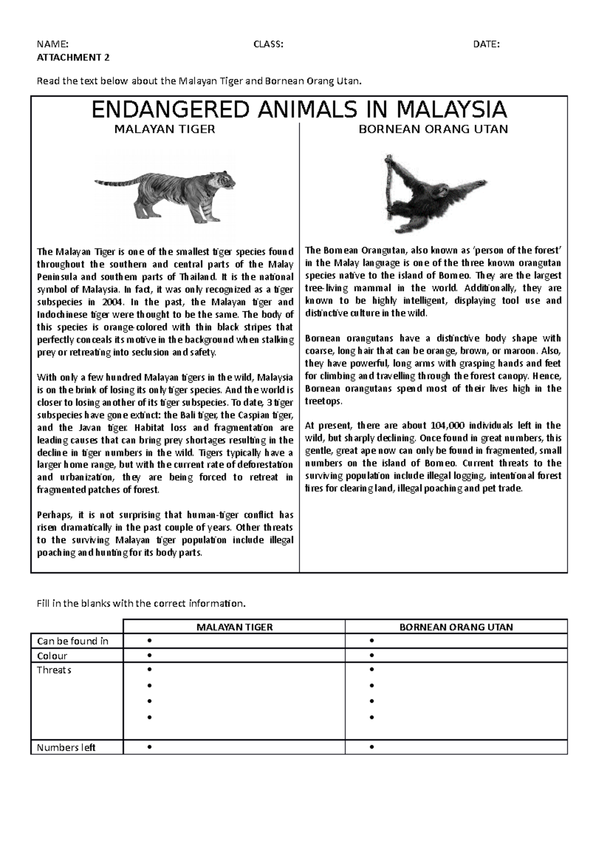 Endangered animals - INFO - NAME: CLASS: DATE: ATTACHMENT 2 Read the ...