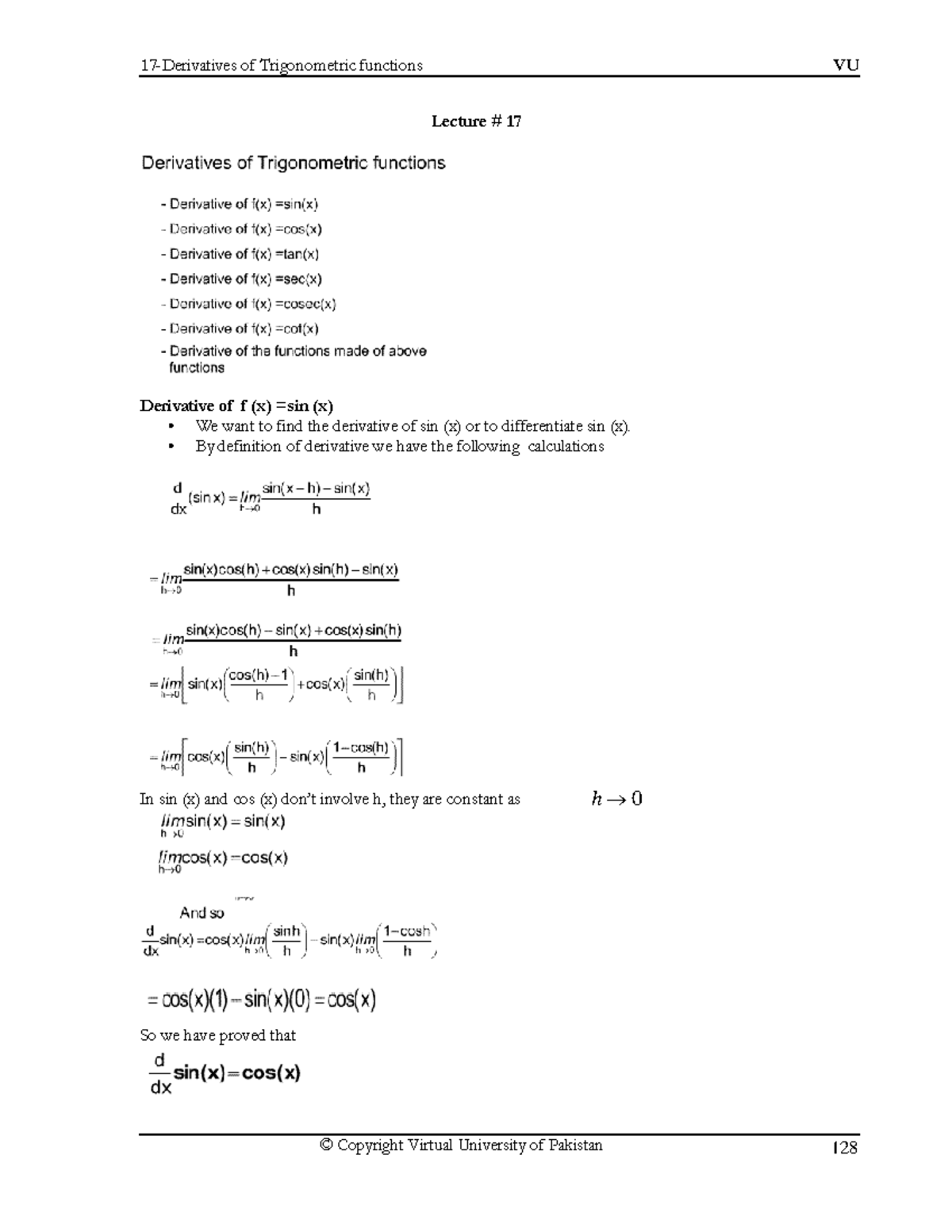 Lecture 17: Derivatives of Trigonometric Functions - Studocu