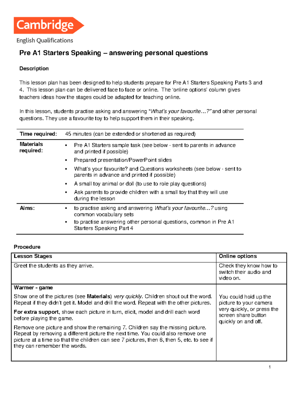 Pre A1 Starters Speaking: Personal Questions Lesson Plan (582692) - Studocu