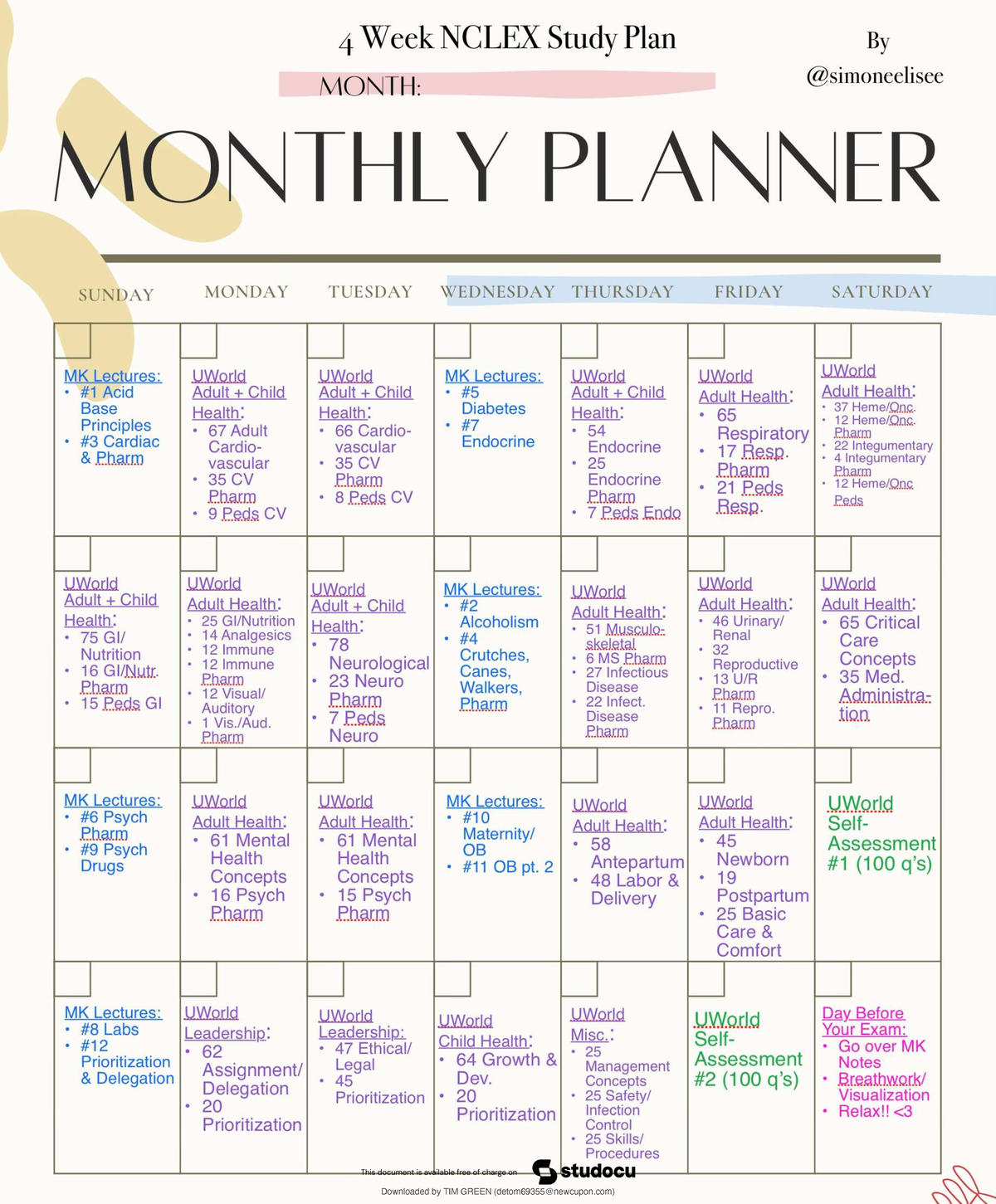 ATI TEAS 4-week-nclex-study-plan-simoneelisee - NURS 428 - Downloaded ...