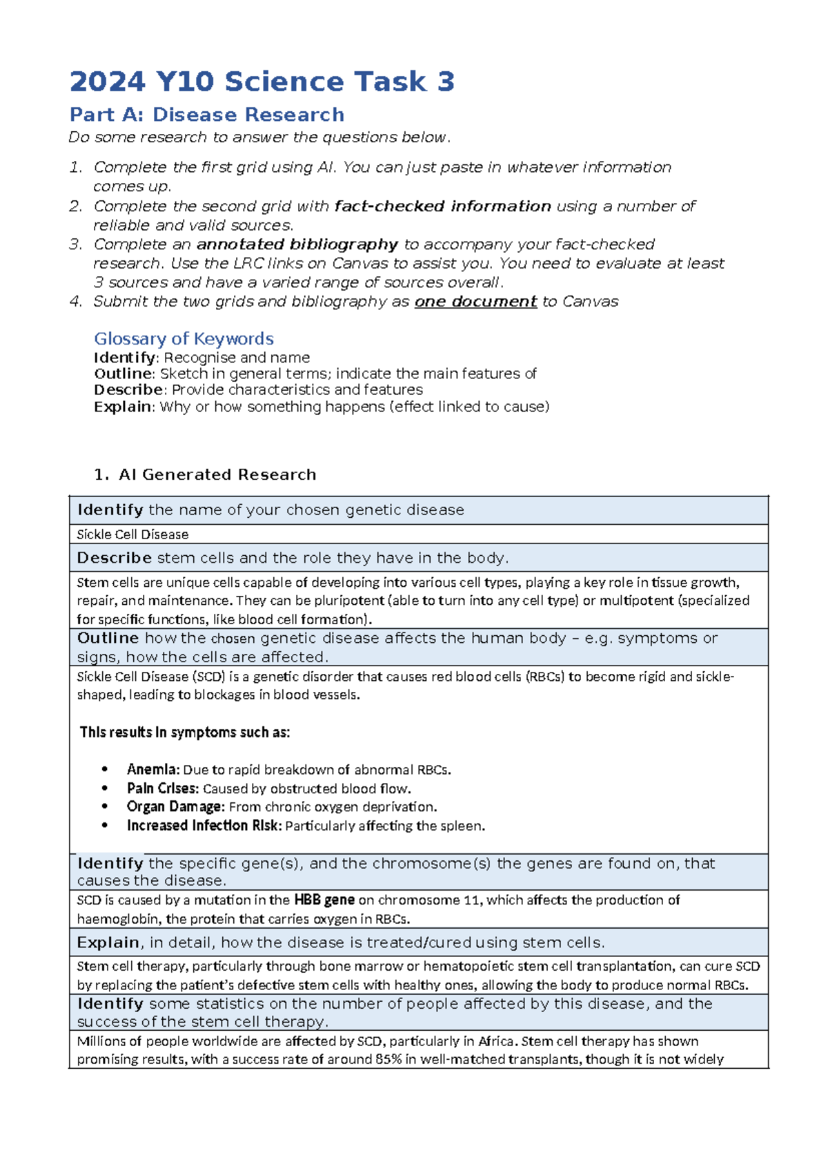 2024 Y10 Science Task 3: Sickle Cell Disease Research & Analysis - Studocu