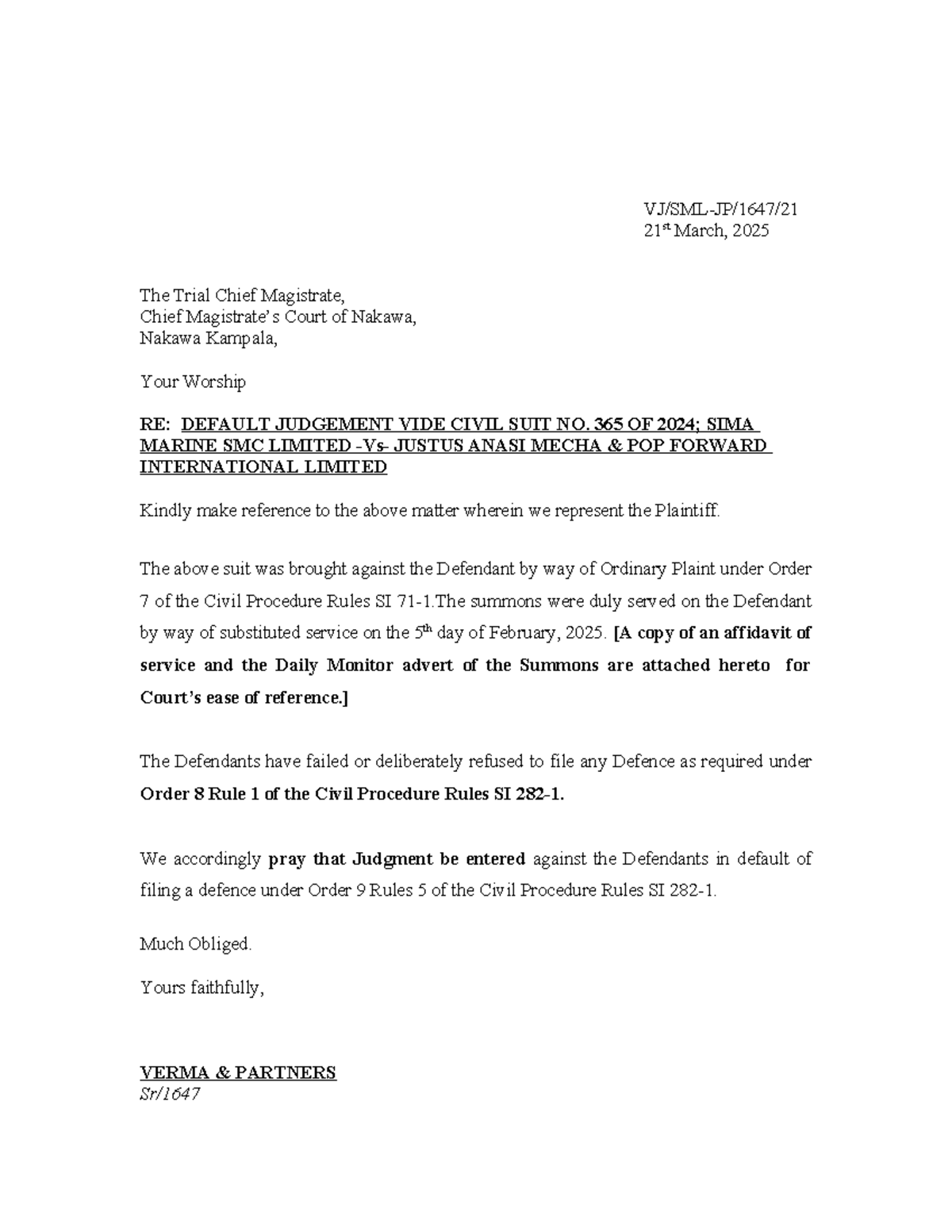 Application for Default Judgment in Civil Suit No. 365 - Sima Marine ...