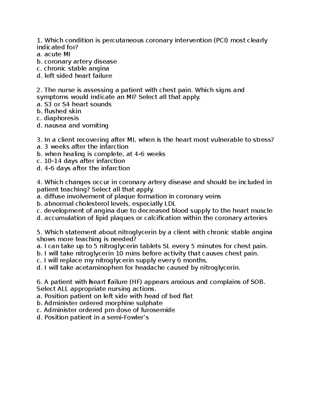 Cardiac Kahoot Questions for Nursing Exam (NUR 101) - Studocu