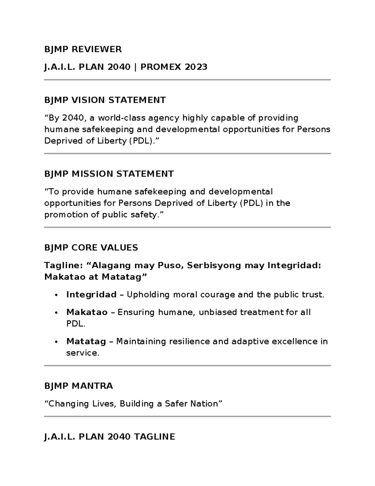 BJMP PROMEX 2025 REVIEWER: J.A.I.L. PLAN 2040 & VISION STATEMENT - Studocu