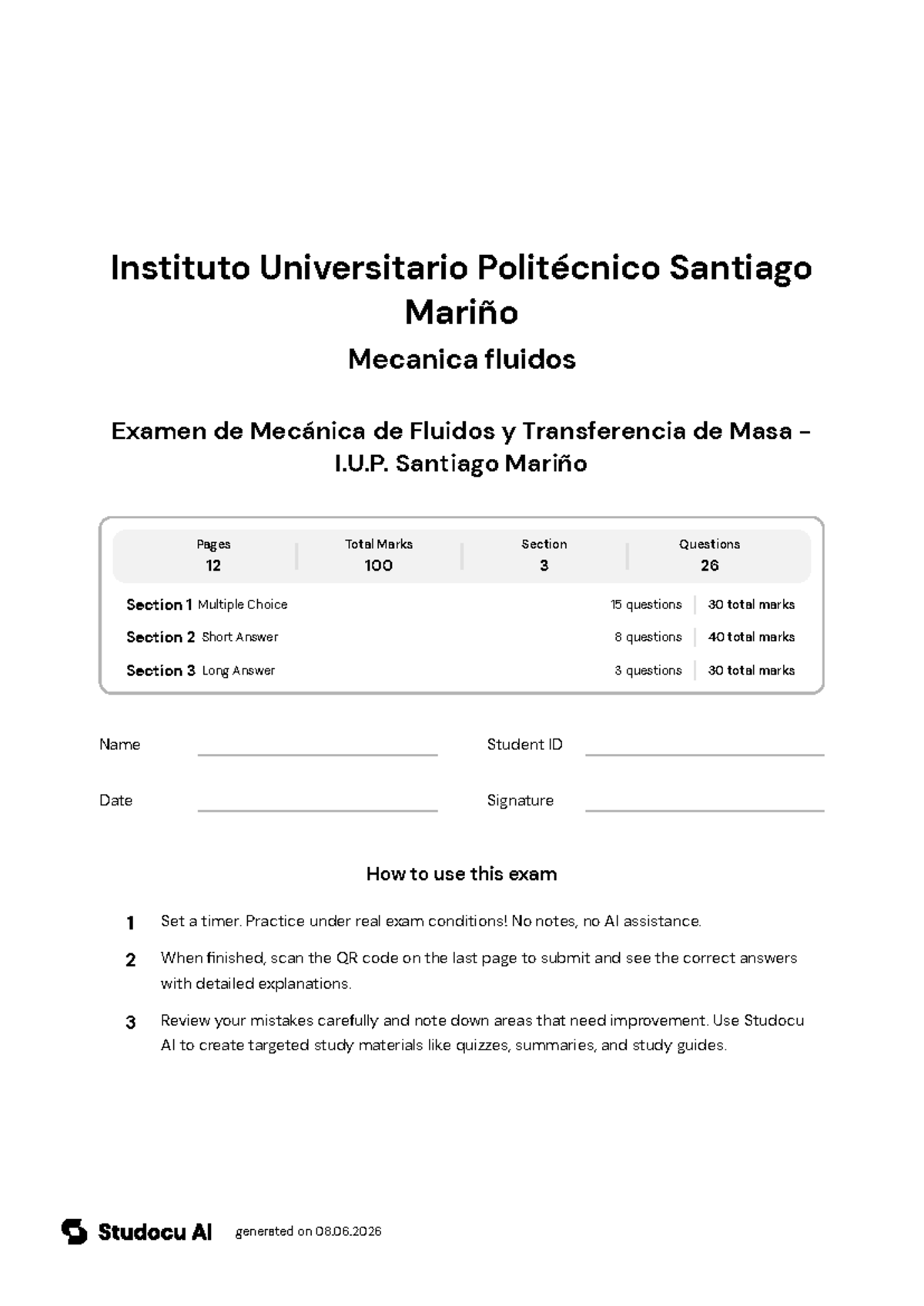 Examen de Mecánica de Fluidos - I.U.P. Santiago Mariño - Studocu