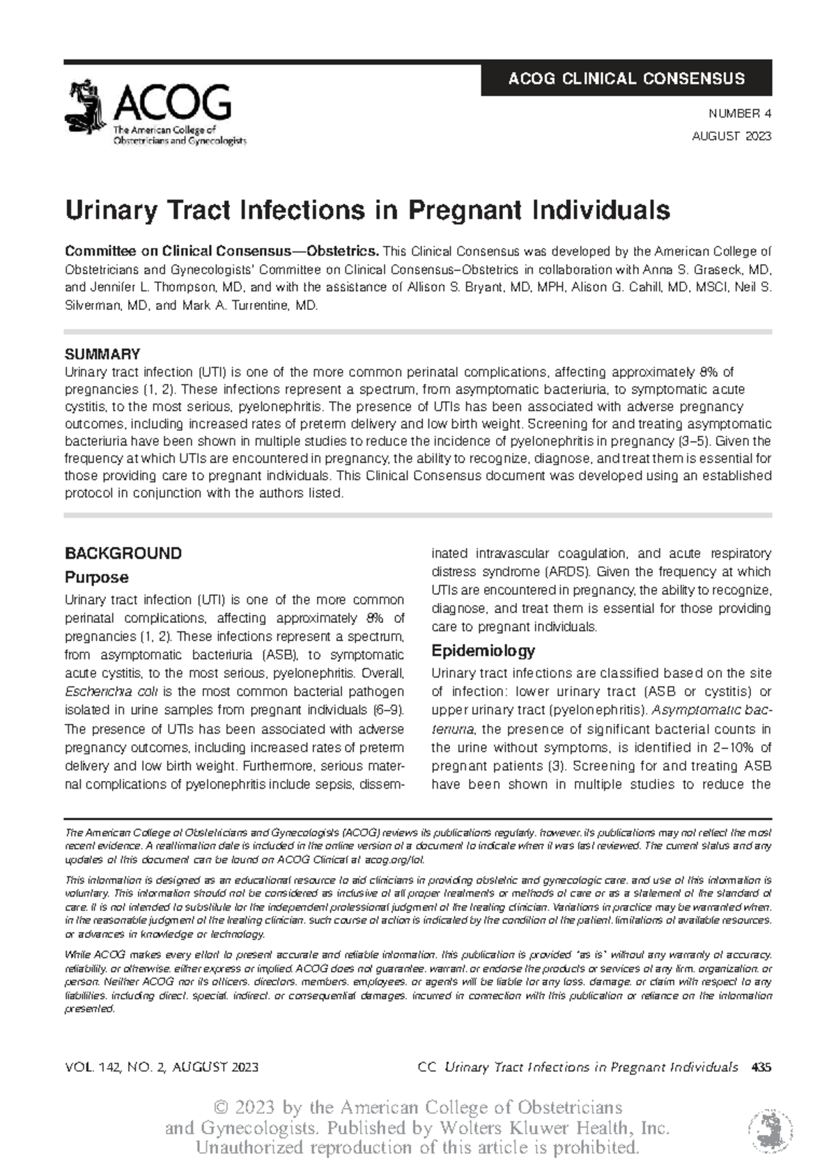 ACOG Clinical Consensus No. 4: Urinary Tract Infections in Pregnancy ...