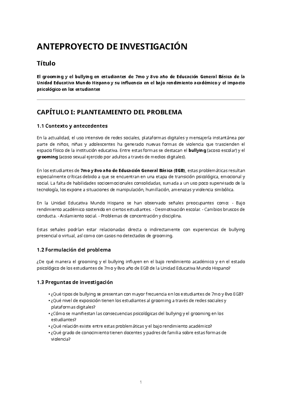 Anteproyecto de Investigación: Grooming y Bullying en 7mo y 8vo EGB – U ...