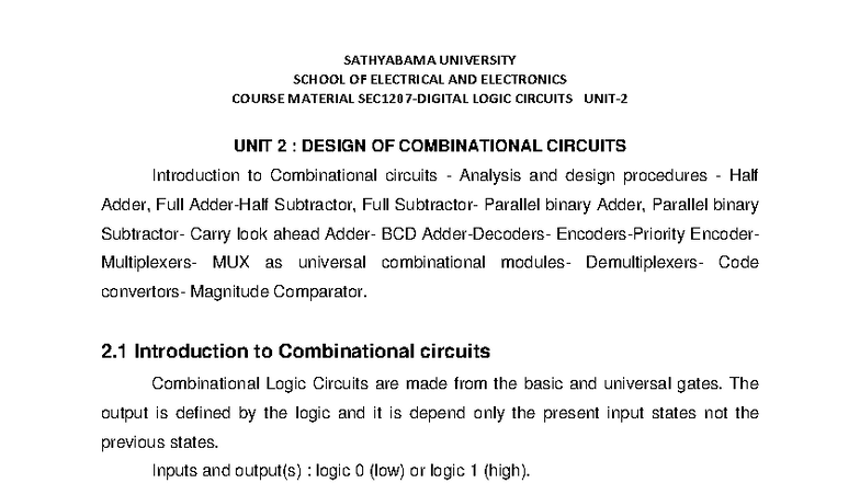 SEC1207 Digital Logic 2: Combinational Circuits Design and Analysis - Studocu