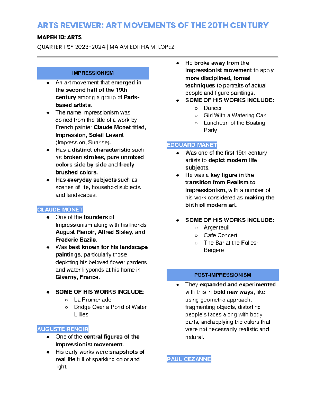 MAPEH 10 Arts: 20th Century Art Movements Overview for SY 2023-2024 ...
