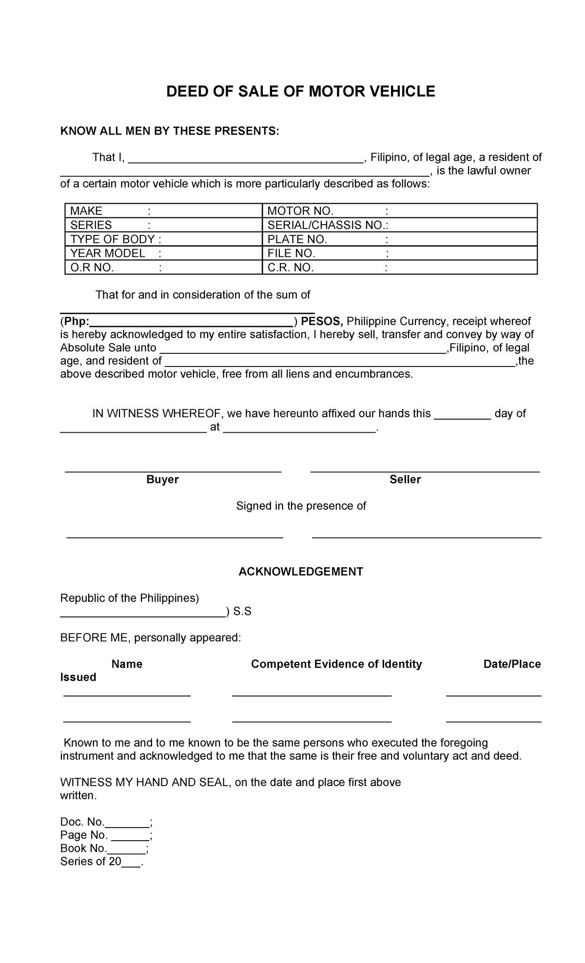 DEED OF SALE - DOS for car - DEED OF SALE OF MOTOR VEHICLE KNOW ALL MEN ...