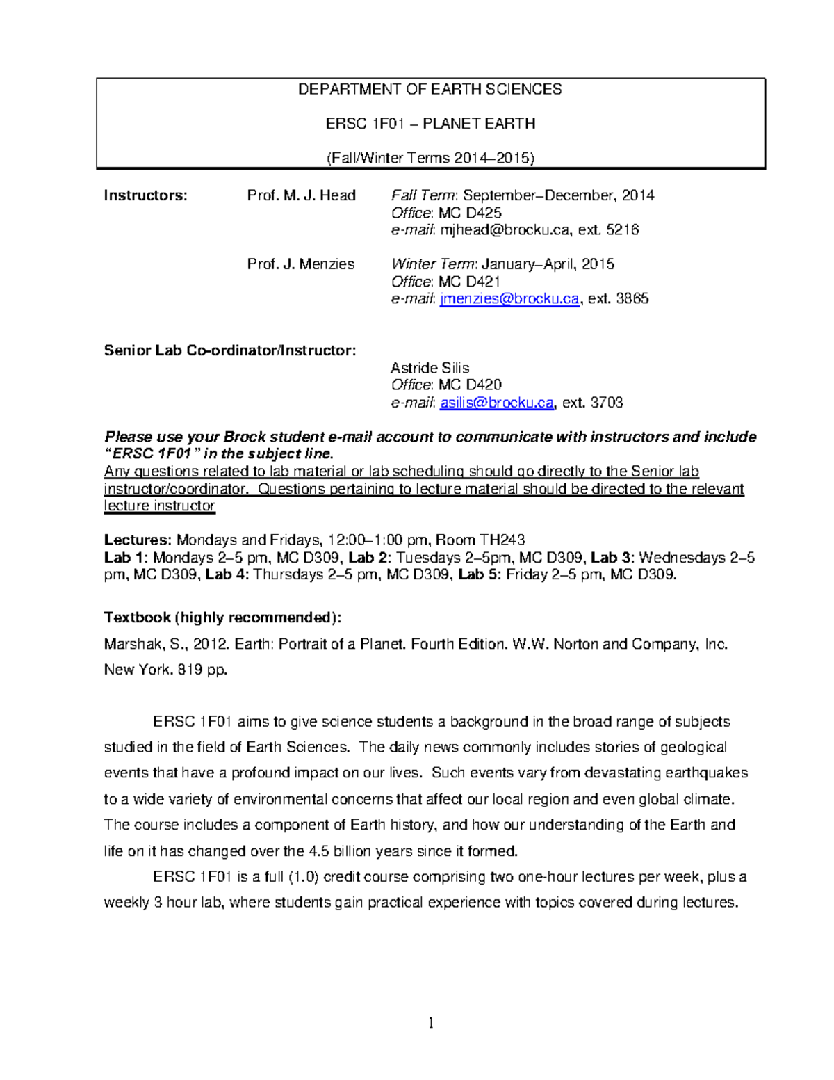 ERSC 1F01 - Planet Earth Course Outline & Schedule (Fall/Winter 2014 ...