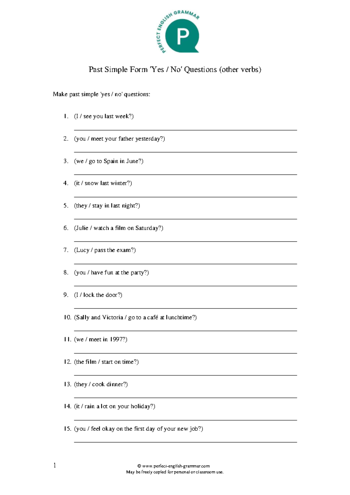 Past Simple Form Questions: Yes/No Questions with Other Verbs - Studocu