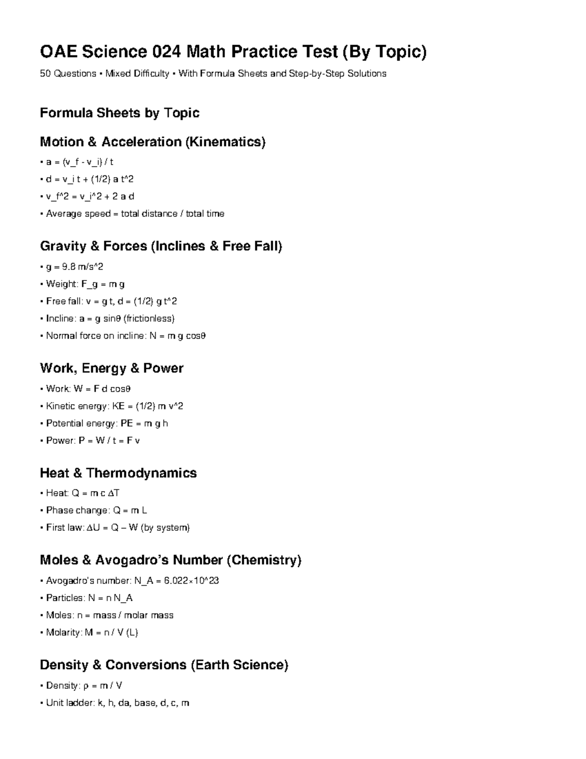 OAE Science 024 Math Practice Test: 50 Questions by Topic - Studocu