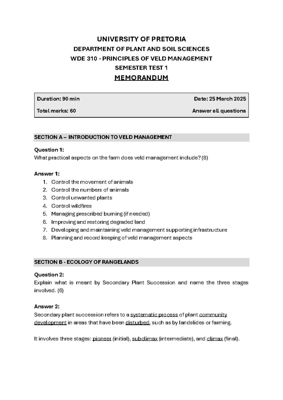 WDE 310 Principles of Veld Management Semester Test 1 Memo - Studocu