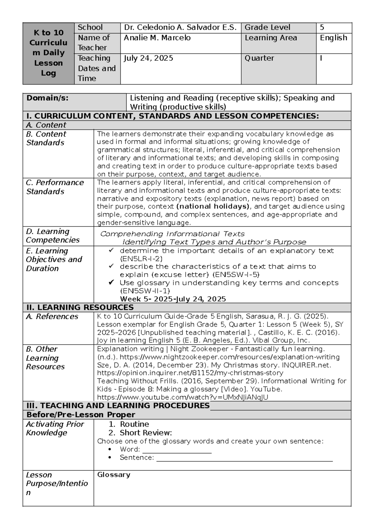 Grade 5 English Lesson Plan: Listening & Reading (July 24, 2025) - Studocu