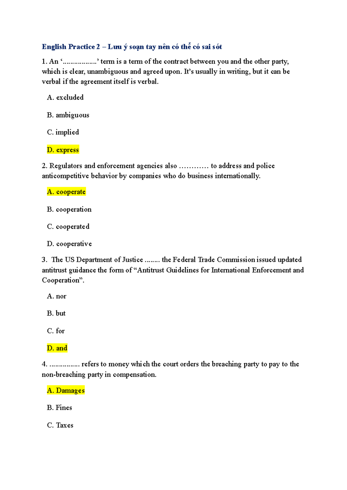 English Practice Test 2: Key Concepts and Questions - Studocu
