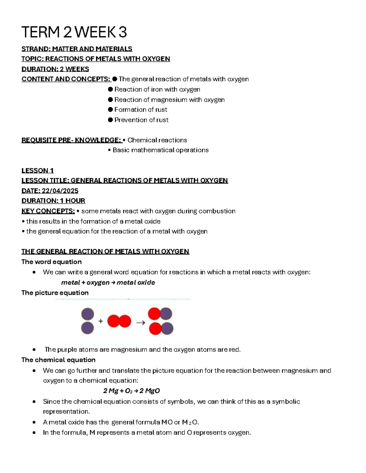 GR 9 NS TERM 2 WEEK 3 - Reactions of Metals with Oxygen Lesson Prep ...