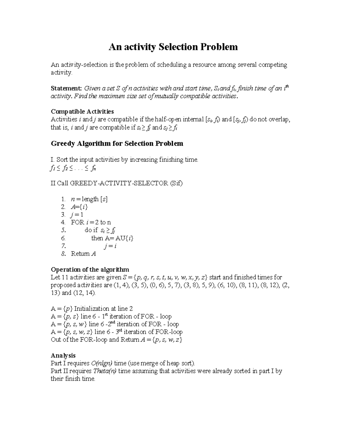 CSE 101: Analysis of the Activity Selection Problem and Algorithms ...
