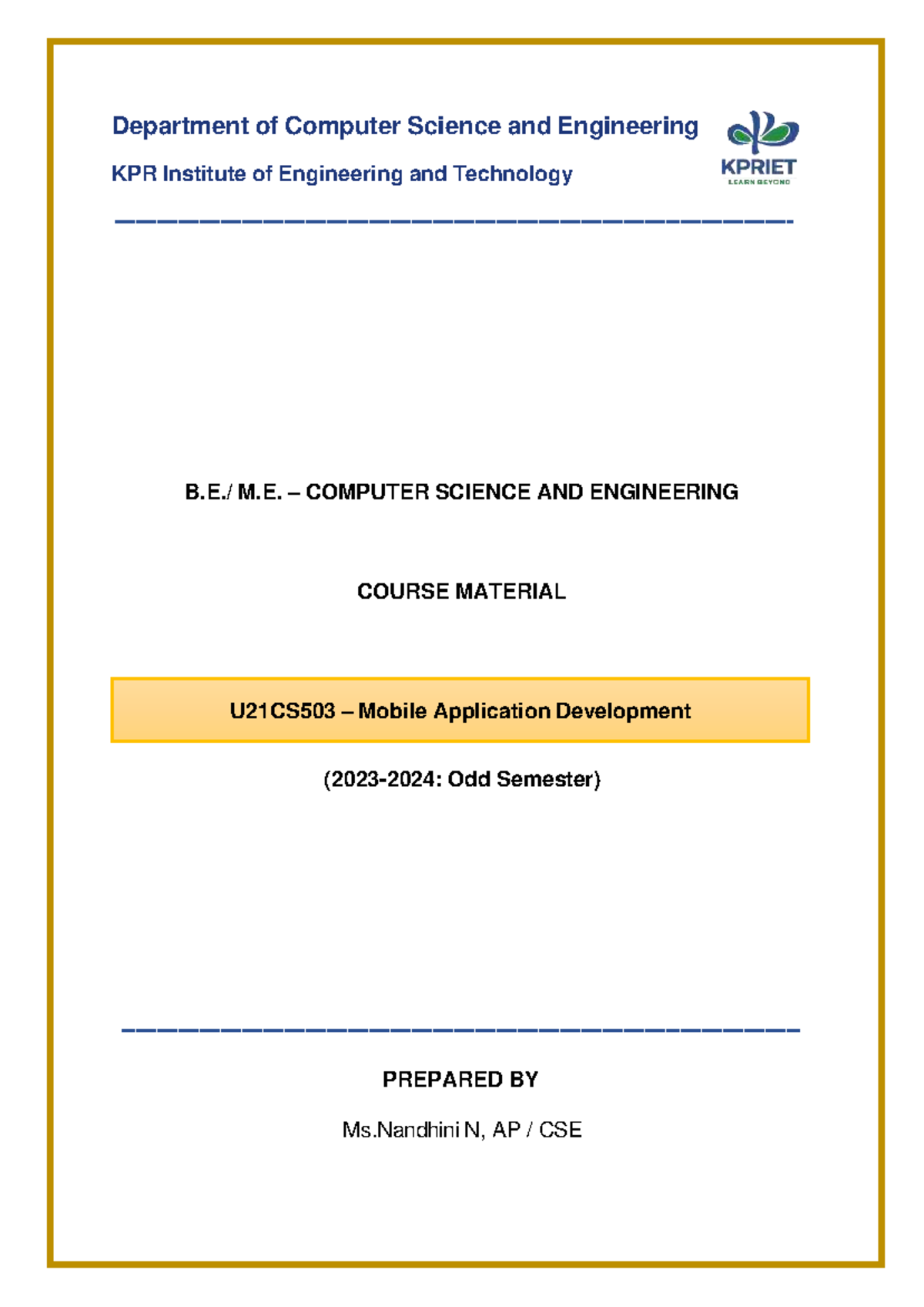 U21CS503 - Mobile Application Development: Unit I Lecture Notes - Studocu
