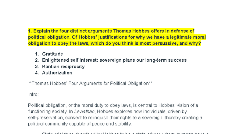 PST 101: Final Exam Review - Hobbes' Political Obligation Arguments ...