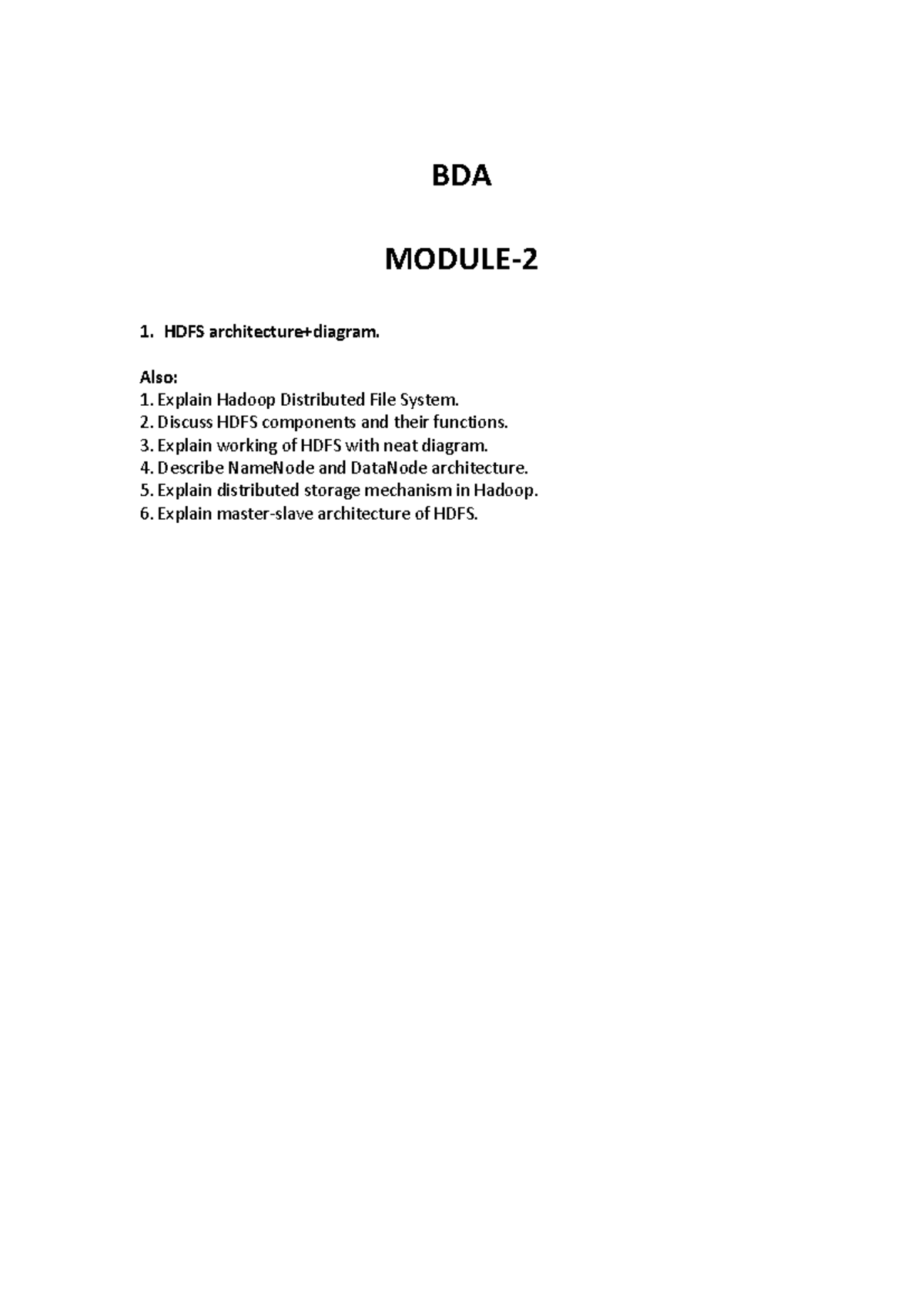 BDA M-2 Final Exam: HDFS Architecture & MapReduce Overview - Studocu
