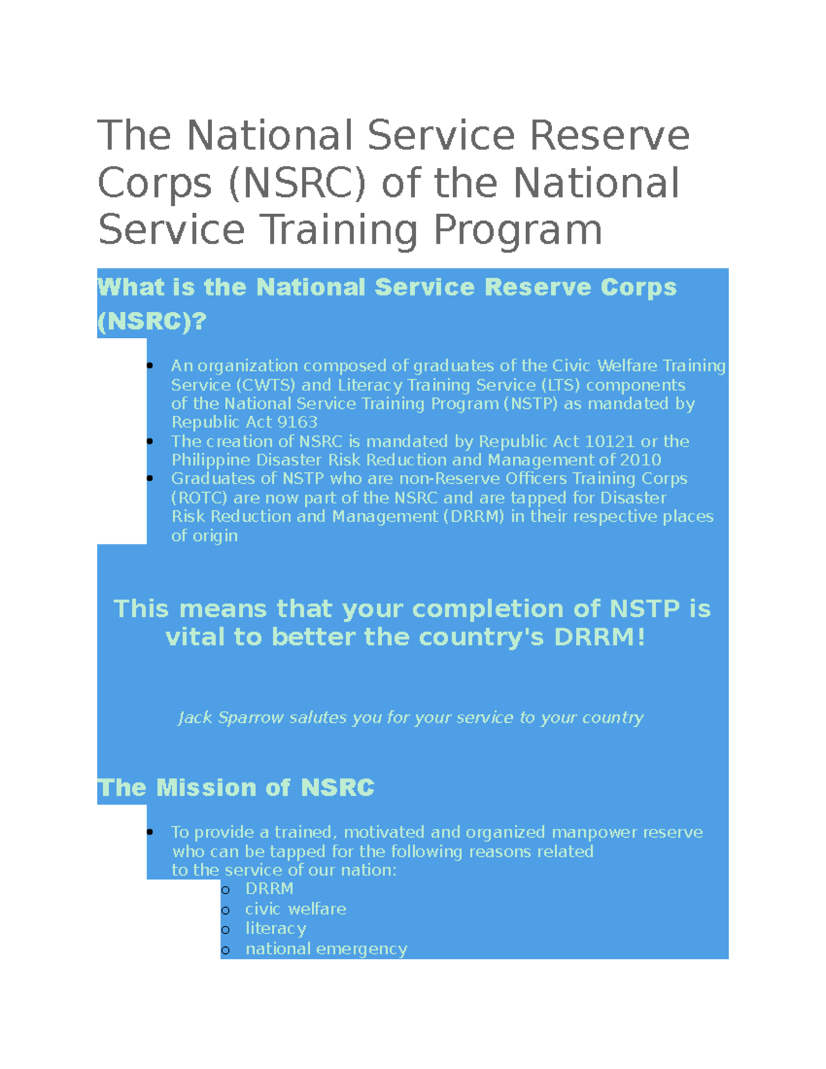 National Service Reserve Corps Overview (NSTP Module 1) - Studocu