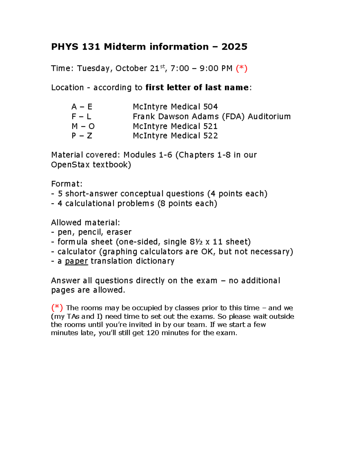 PHYS 131 2025 Midterm Exam Details and Guidelines - Studocu