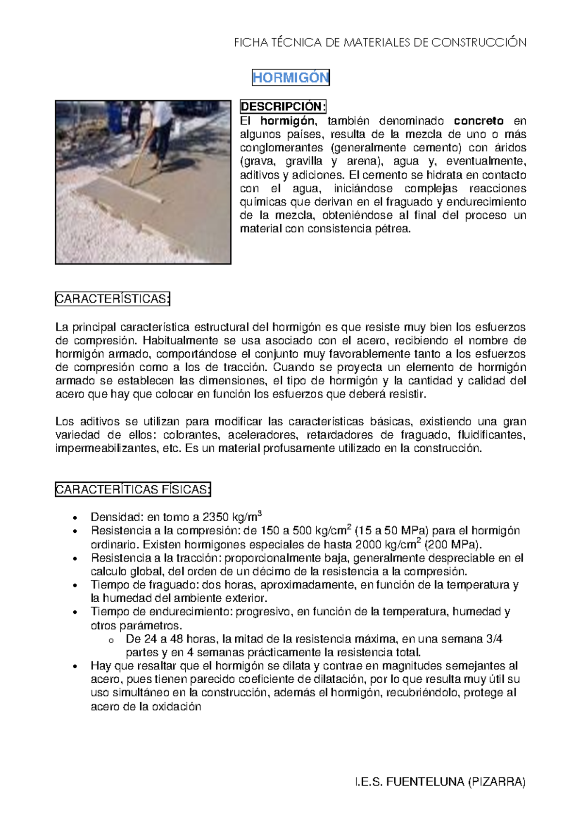 Ficha tecnica del hormigon - FICHA T.. DE MATERIALES DE CONSTRUCCI”N I.E. FUENTELUNA (PIZARRA ...