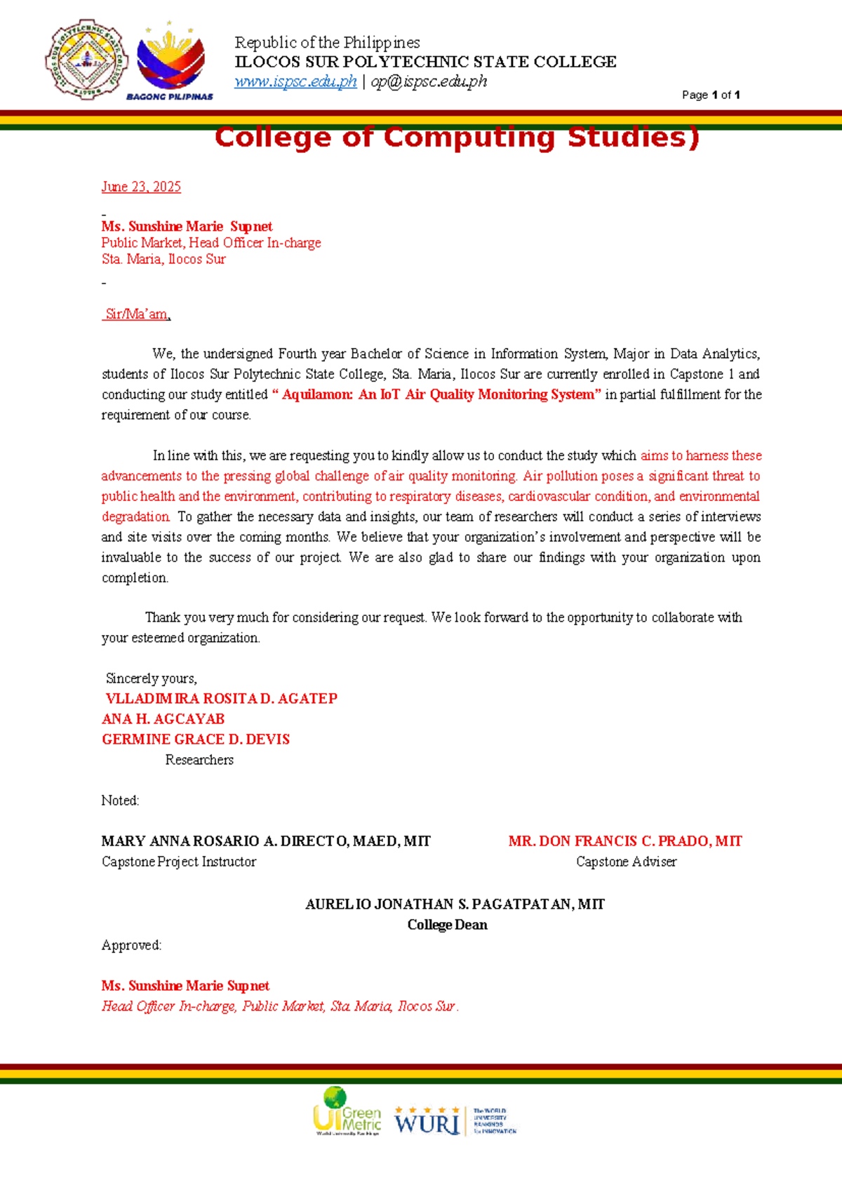 Request Letter for Capstone Project: Aquilamon IoT Air Quality Monitoring - Studocu