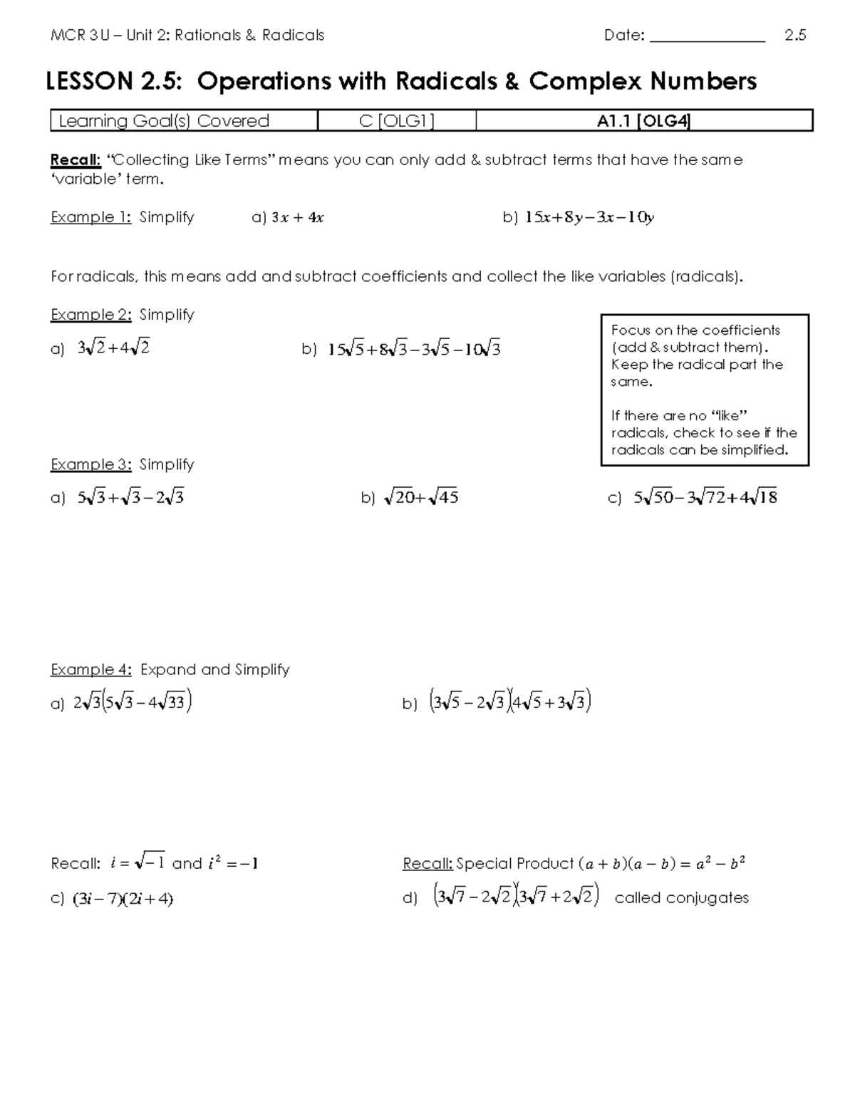 MCR 3U Unit 2: Lesson 2.5 - Operations with Radicals & Complex Numbers ...
