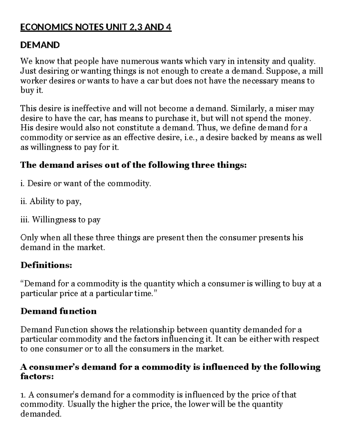Economics Notes UNIT 2 - ECONOMICS NOTES UNIT 2,3 AND 4 DEMAND We know ...