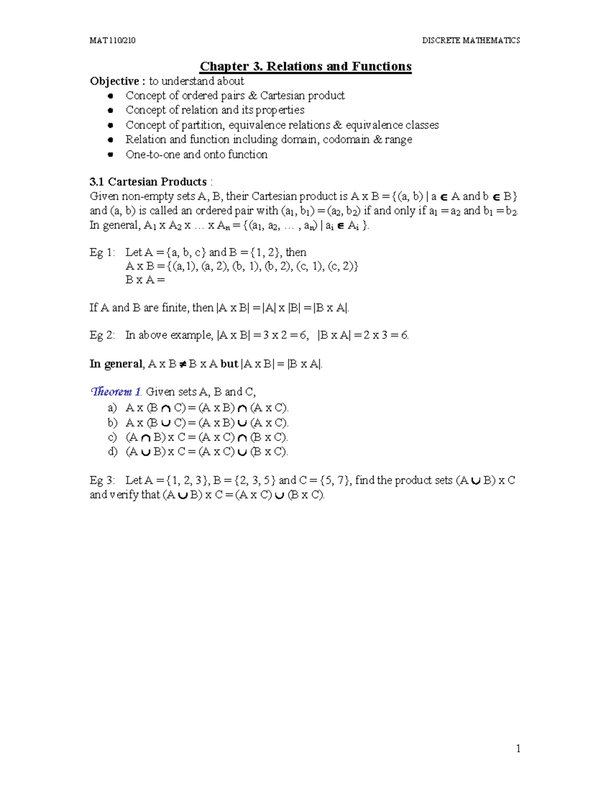 MAT DISCRETE MATHEMATICS Chapter 3: Relations and Functions Overview ...