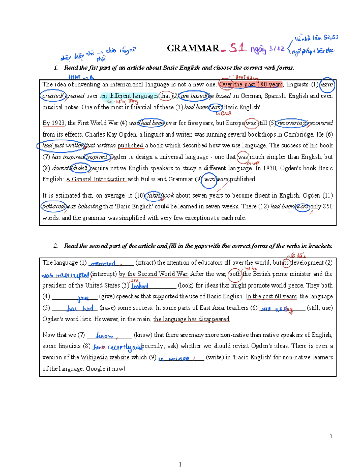 GRAMMAR 1: Basic English Verb Forms and Exercises (Course Code: 1.Sach ...