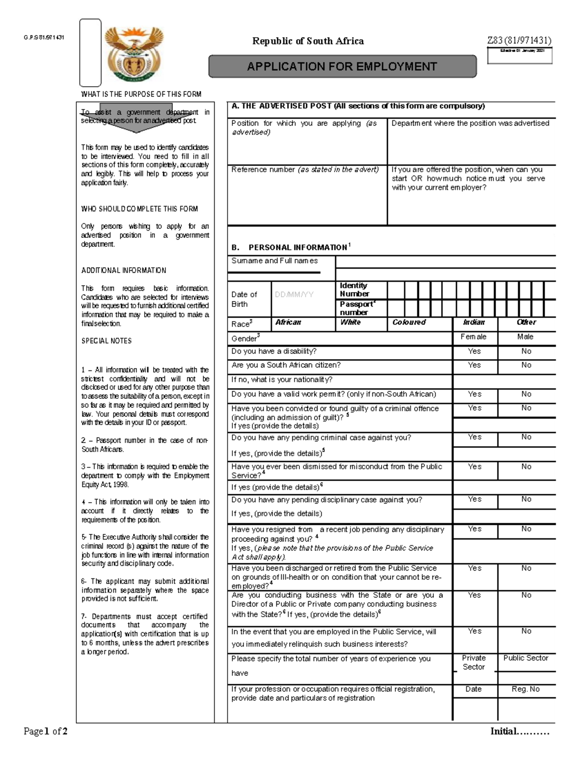 Z83 form new - application for employment in South Africa - Studocu