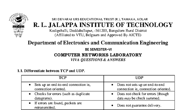 Computer Networks Lab (CSE 101) Viva Questions and Answers - Studocu