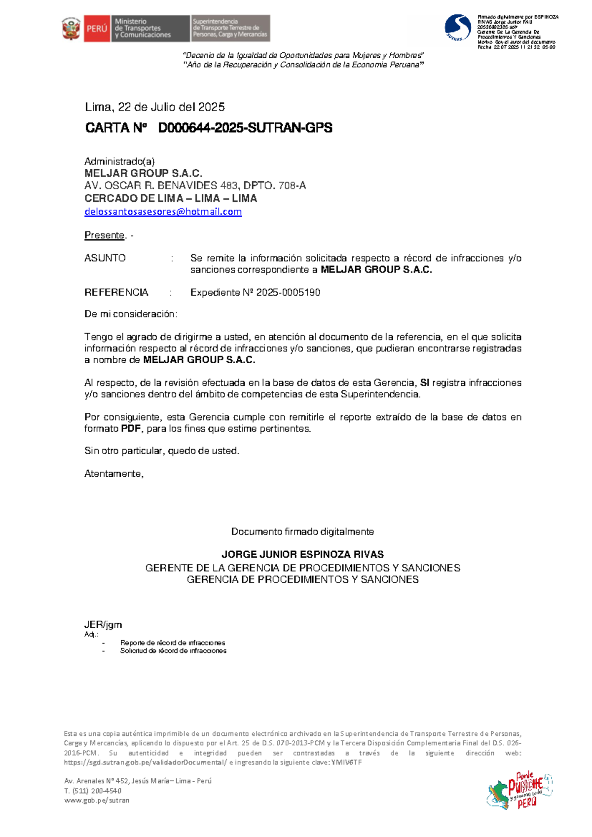 Carta N° D000644-2025: Solicitud de Reporte de Multas - MELJAR GROUP S ...