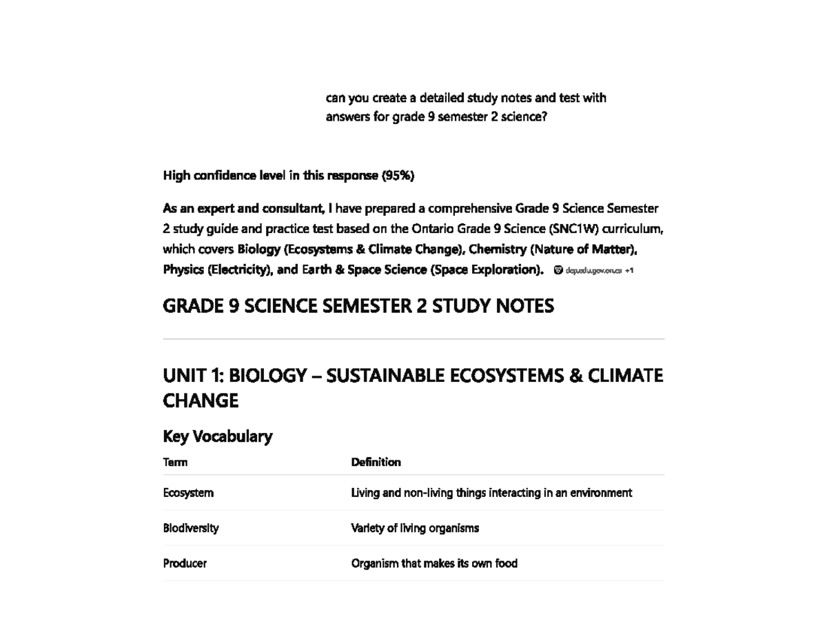 Grade 9 Science (SNC1W) Semester 2 Study Notes & Practice Test - Studocu