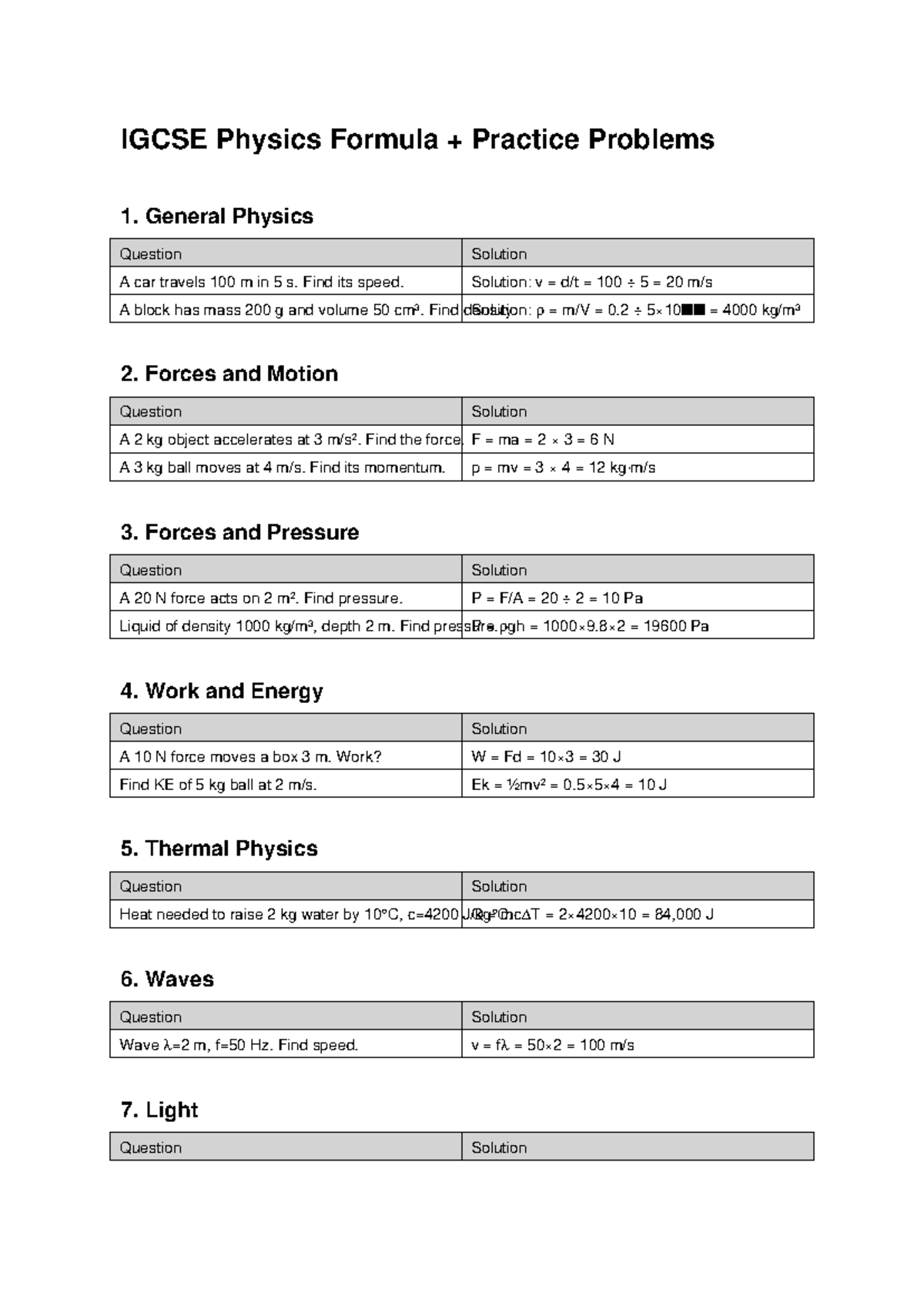 IGCSE Physics Formula Practice Problems and Solutions - Studocu