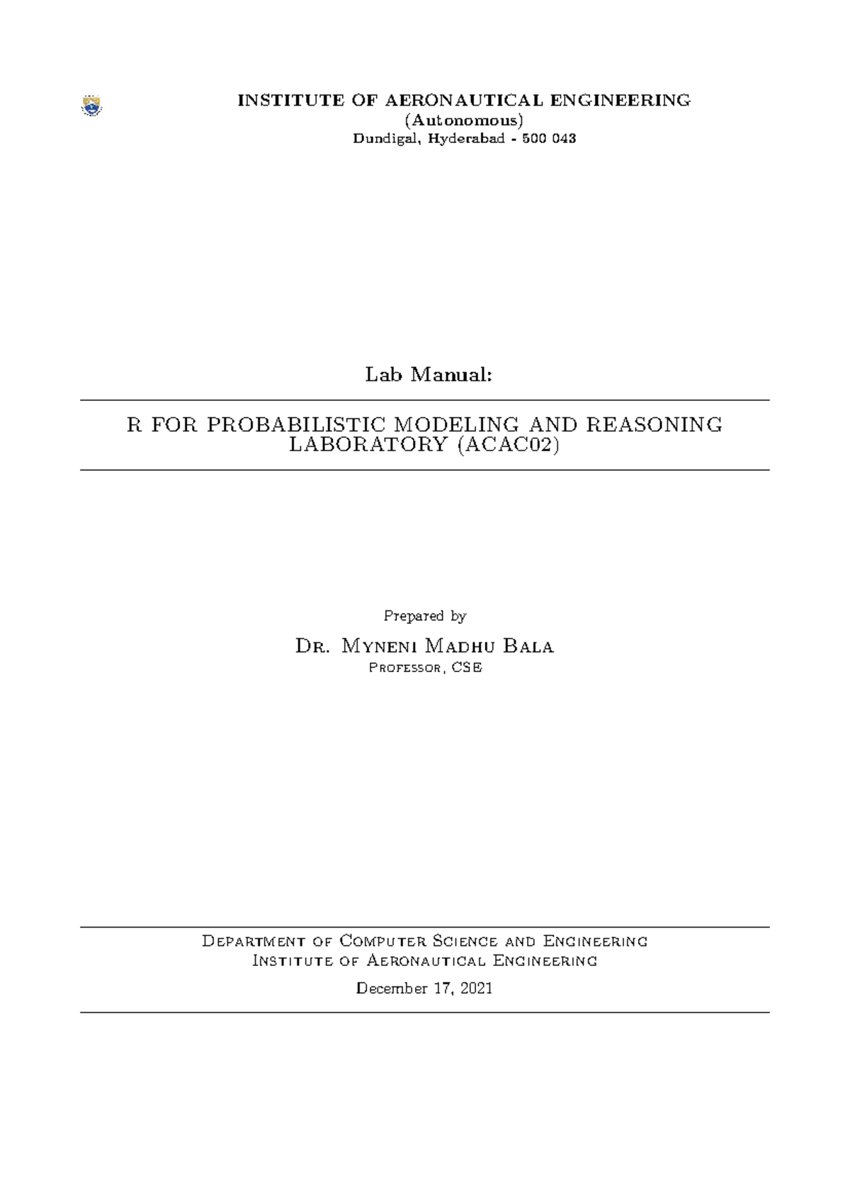 Lab Manual For R Programming Institute Of Aeronautical Engineering