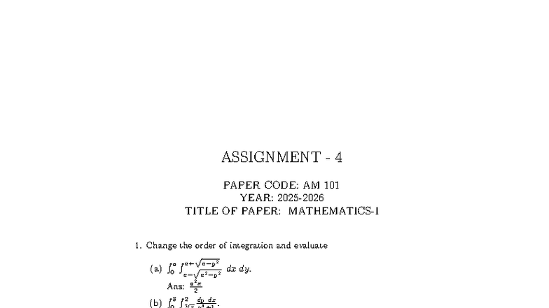 Assignment 4 Solutions for AM 101: Integration Techniques - Studocu