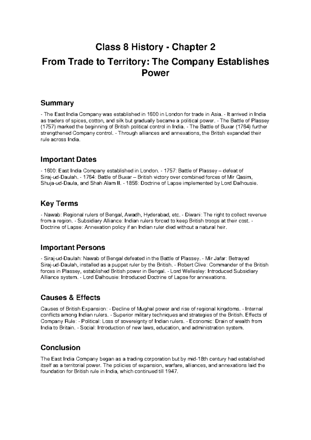 Class 8 History - Chapter 2: From Trade to Territory & British Rule ...