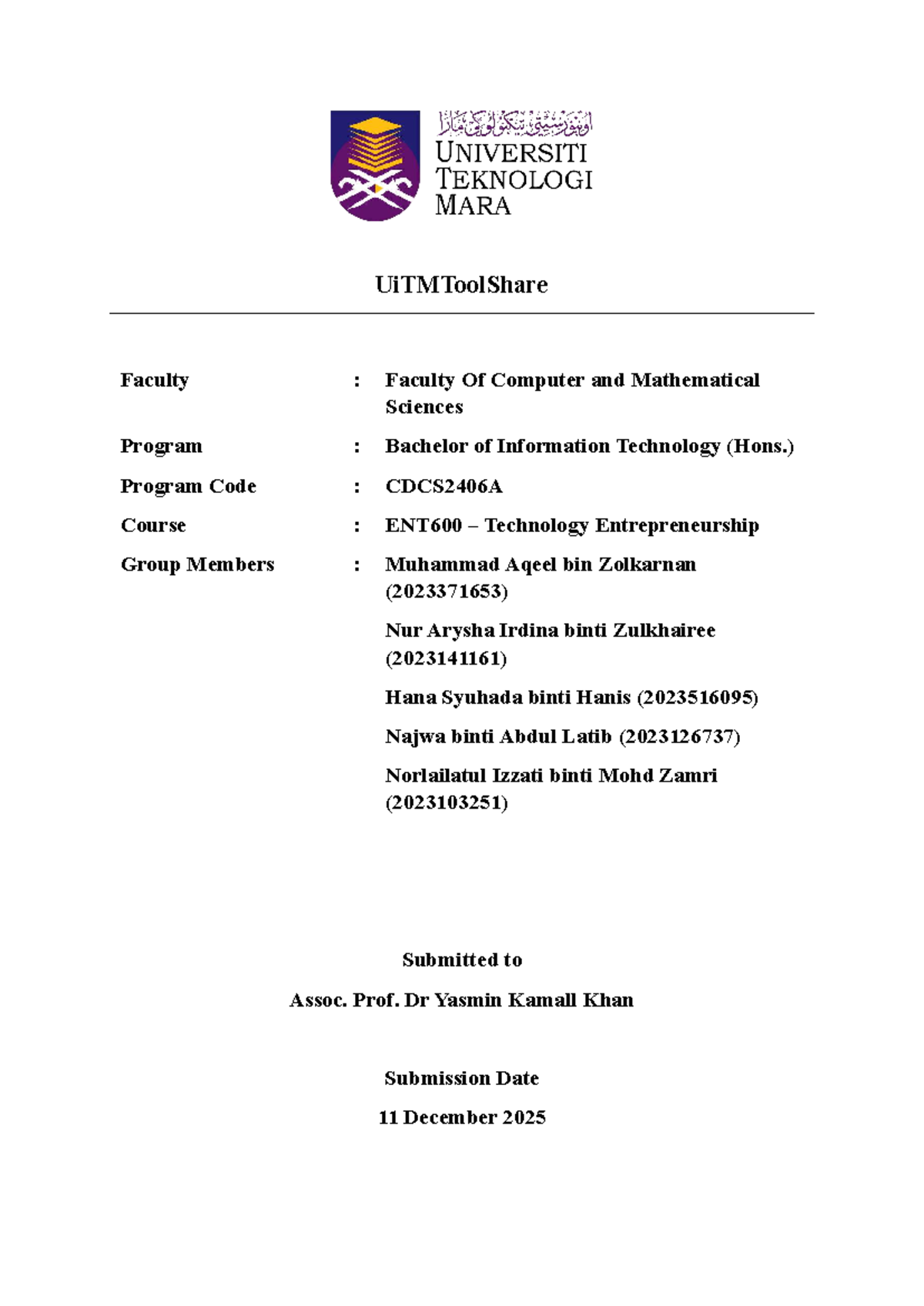 NPD Assignment Report: UiTMToolShare for ENT600 (CDCS2406A) - Studocu
